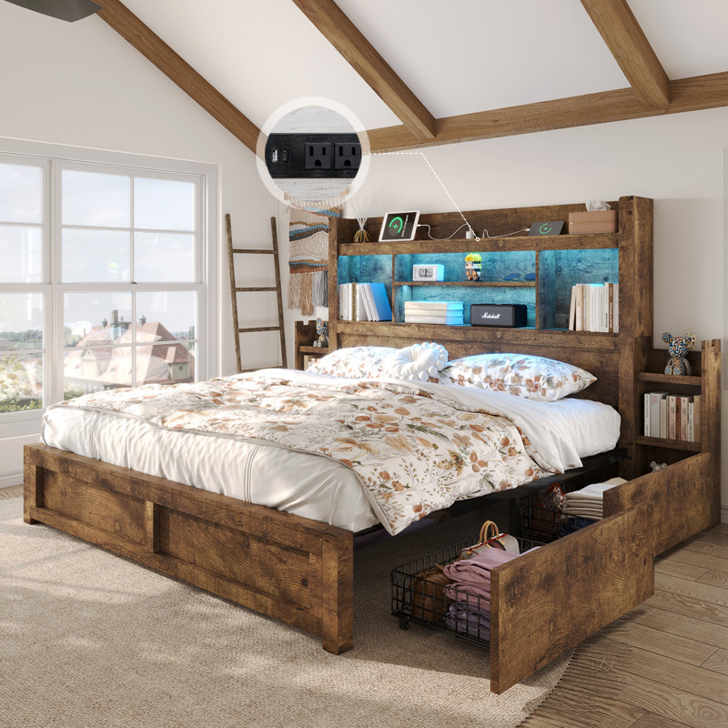 Bed Frame With Bookcase Headboard 2 Detachable Bedside Stoage Racks 4 Drawers Farmhouse Wood Bed Frame With Rgb Led No Box Spring Needed King